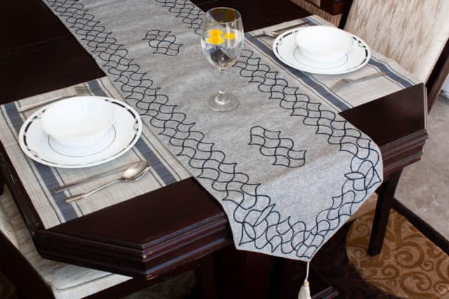 Table Runner Small Size Grey Jute With Embroidery 13"x54" | BalooWorld