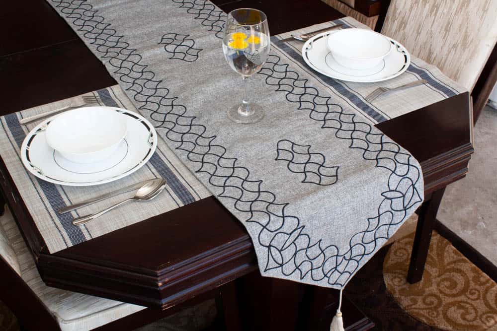 Table Runner Small Size Grey Jute With Embroidery 13"x54" | BalooWorld